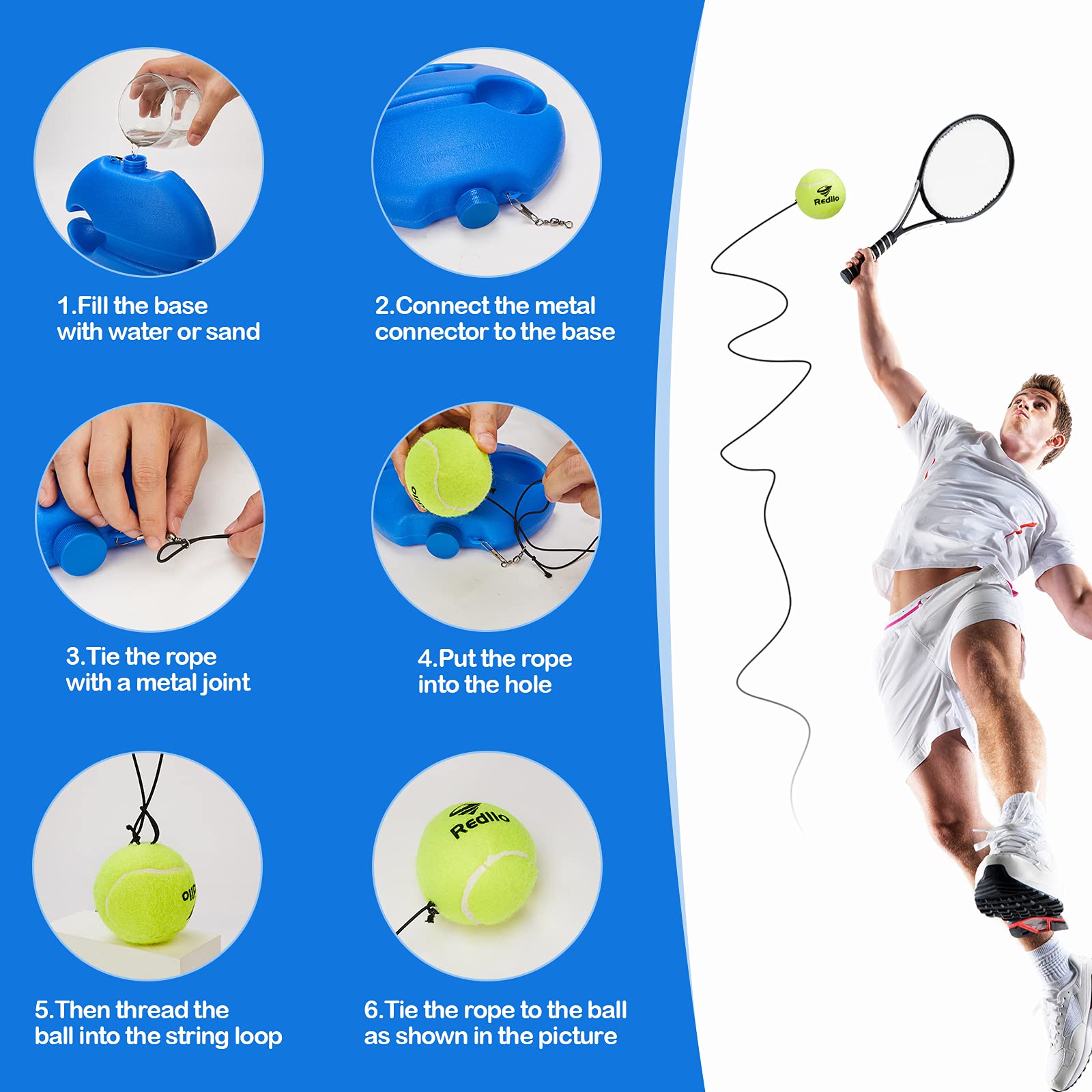 Redllo Solo Tennis Trainer Rebound -Portable Tennis Equipment for Self-Practice Includes 4 String Balls 2 Tennis Vibration Dampeners.Works for Kids, Beginners