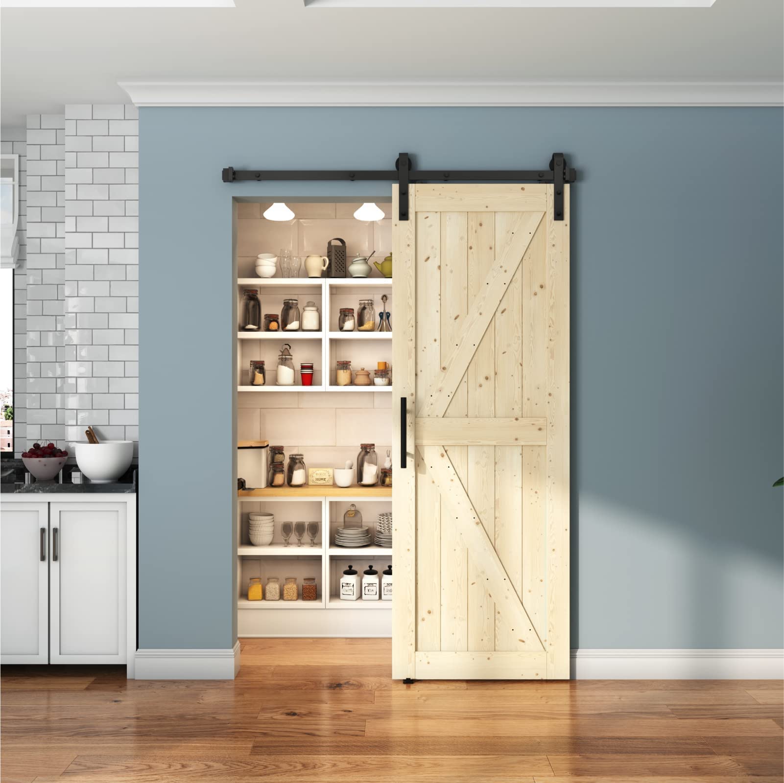 WINSOON 5FT Black Straight Design Sliding Roller Barn Single Wood Door Hardware Closet Track Kit with 30in x 84 in Sliding Barn Door