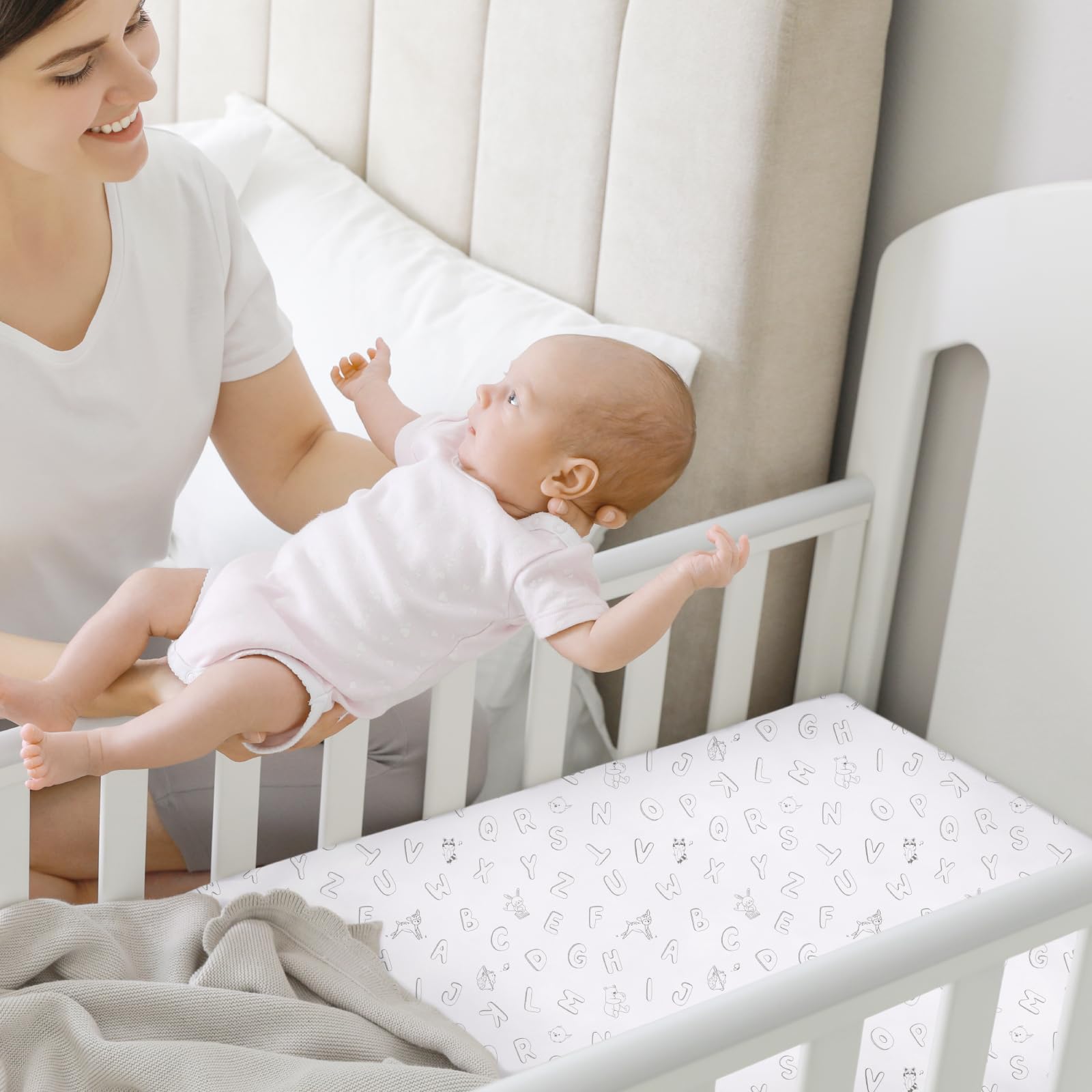 Pack and Play Sheets Fitted, 2-Pack Mini Crib Sheets - Pack N Play Sheets, Organic Fitted Crib Sheet for Pack and Play Mattress, Playard Baby Crib Sheets,Crib Sheets Neutral for Boys,Girls (ABC Land)