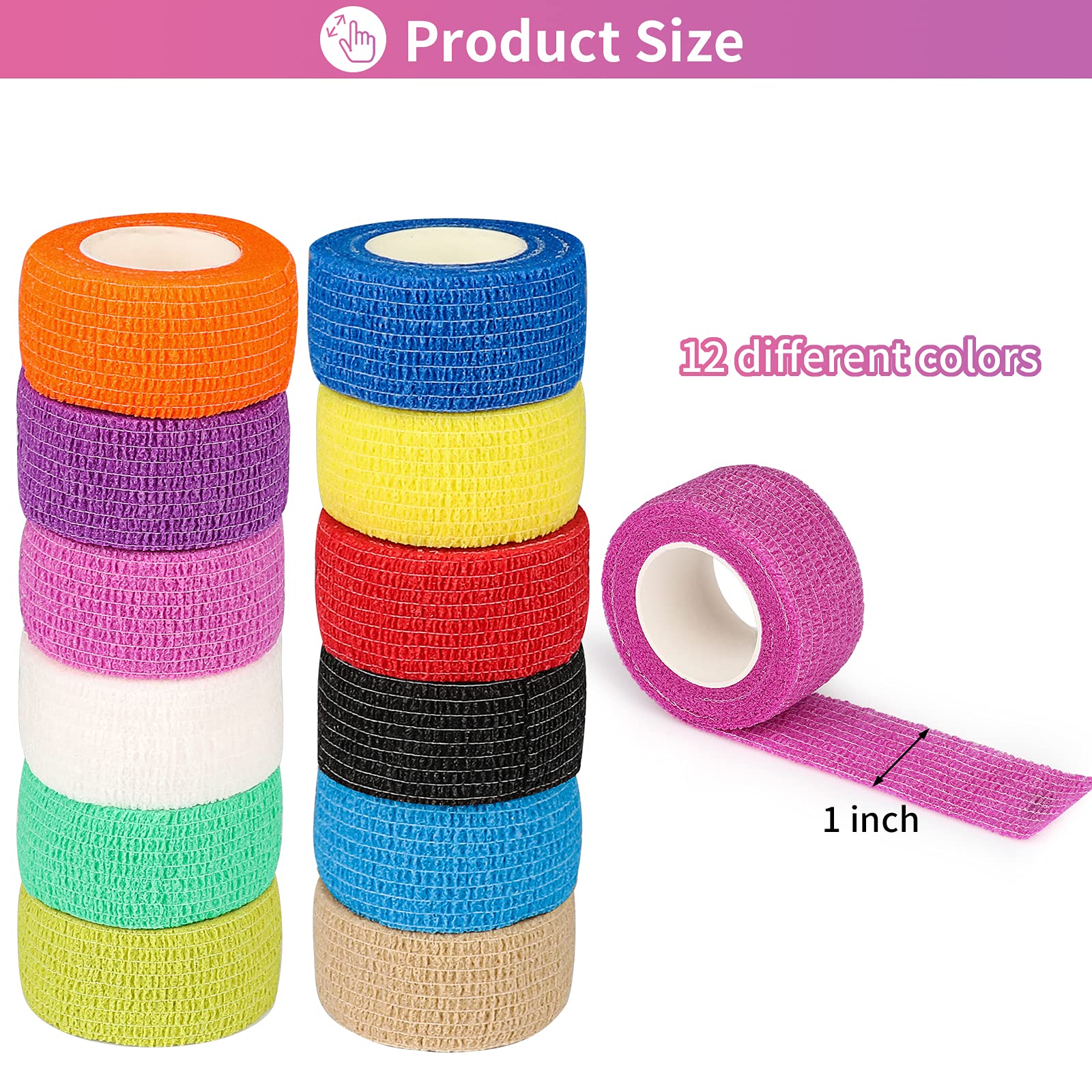 redting 12Pack 1 x 5 Yards Self Adhesive Bandage Wrap, Elastic Self Breathable Self Adherent Wrap for Pets, Athletic Cohesive Bandage for First Aid, Sports Injury & Protection, 12Color