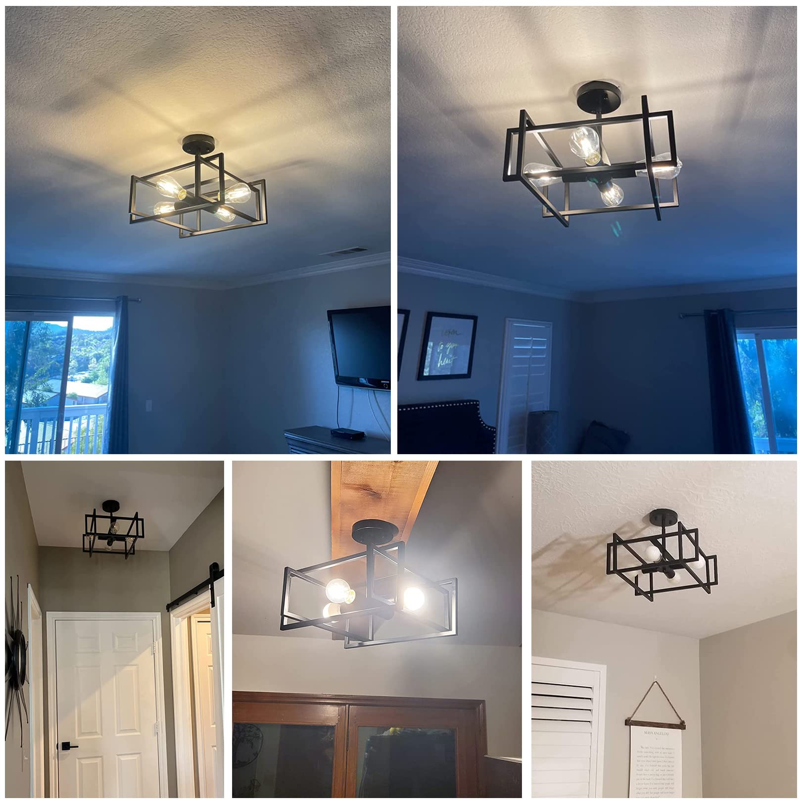 Minyuco Black Ceiling Light Fixtures - 4-Light Industrial Farmhouse Flush Mount Ceiling Lighting,Vintage Metal Chandelier Ceiling Lamp for Kitchen Living Room Bedroom Hallway Laundry Entryway