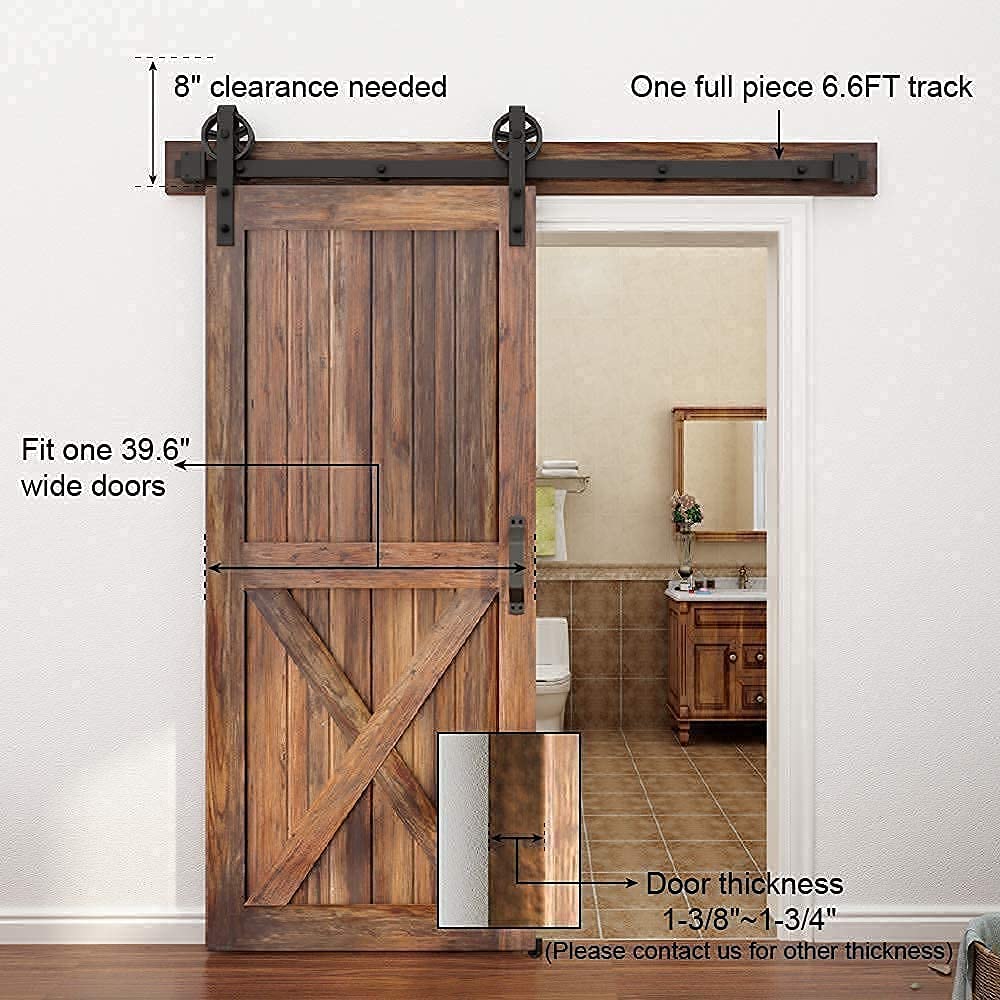 WINSOON 6.6FT Single Wood Sliding Barn Door Hardware Black Big Wheel Kit with 1 Pcs New Sliding Barn Door Floor Guides Adjustable Stay Roller Hardware Set