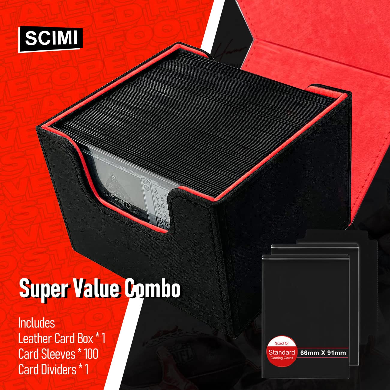 Scimi Commander leather Deck Box, designed specifically for Magic: The Gathering (MTG) and Trading Card Game (TCG) enthusiasts, hold over 100 sleeved cards (Black/Red)