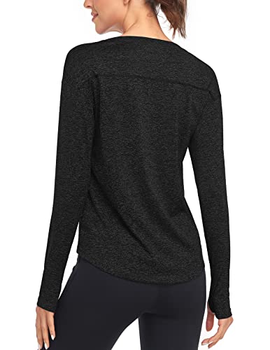 Soneven Long Sleeve Workout Tops for WomenLoose Fit Boat Neck Athletic Shirt with Thumbhole Quick Dry Active Tops Black