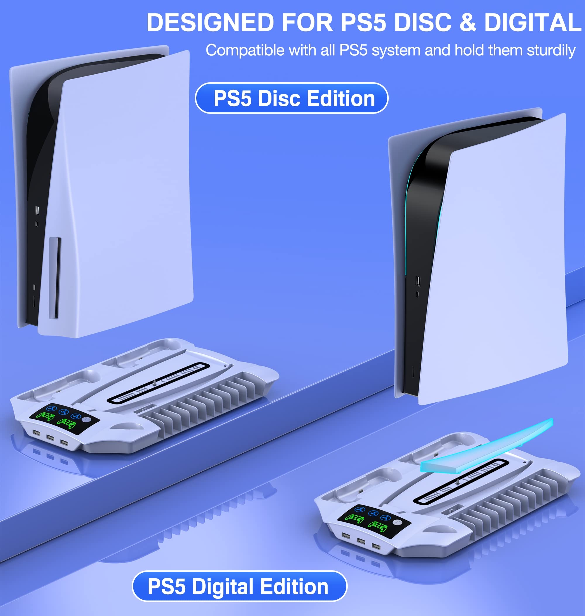 Vertical Cooling Stand for PS5 with 13 Game Storage and Dual Fast Controller Charging Station