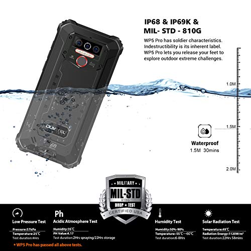 OUKITEL WP5 Pro Rugged Cell Phone, 4GB+64GB Unlocked Smartphone, 8000mAh Battery IP68 Waterproof Rugged Smartphone, Android 10.0 Global Version 4G LTE Dual-SIM 5.5inches Face ID Fingerprint (Black)