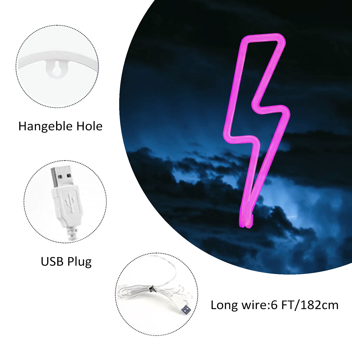 Neon Signs Lightning Bolt Pink Battery Operated & USB Powered LED Decorative Night Lights Lit Up Wall Art Decor for Gaming,Man Cave,Kid's Room,Dorm,Office,Bar,Wedding,Party Decoration(SDF)