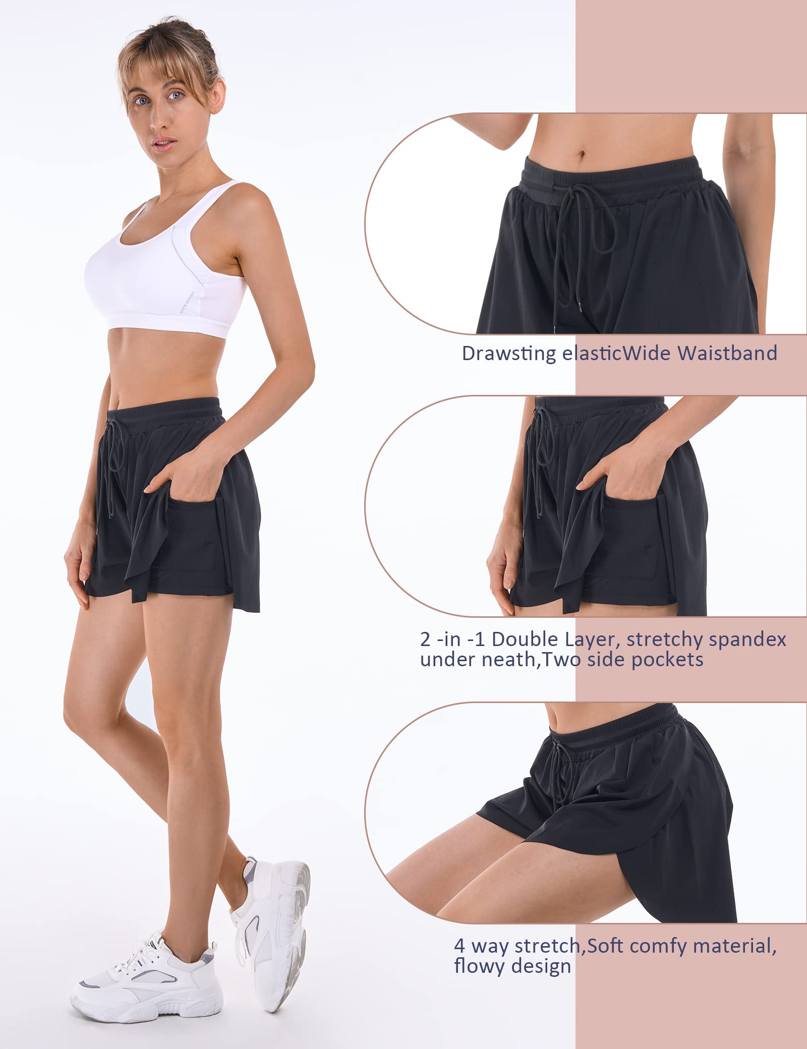 TELINVEY Womens Workout Shorts 2-in-1 Running Shorts Quick-Dry Flowy Athletic Shorts for Women Black L