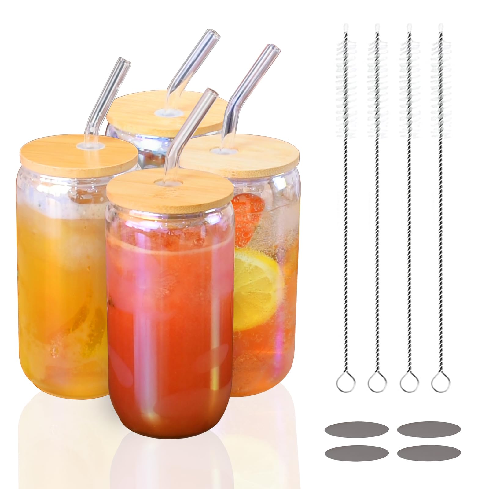 RoweLLsouL Glasses with Bamboo Lids and Clear Straws, 4 Pack 16oz Beer Glasses,Cute Tumbler Cup Iced Coffee Mug, Iced Coke Mug, Soda, Milk Tea,Gift - 4 Cleaning Brushes and 4 coasters