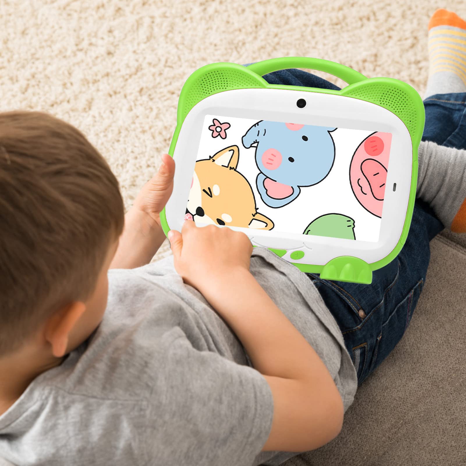 Qinlorgo Tablet PC for Kids, 5500mAh US Plug 100‑240V Support WiFi 7 Inch HD 1080P Kids Tablet for Boys (Green)