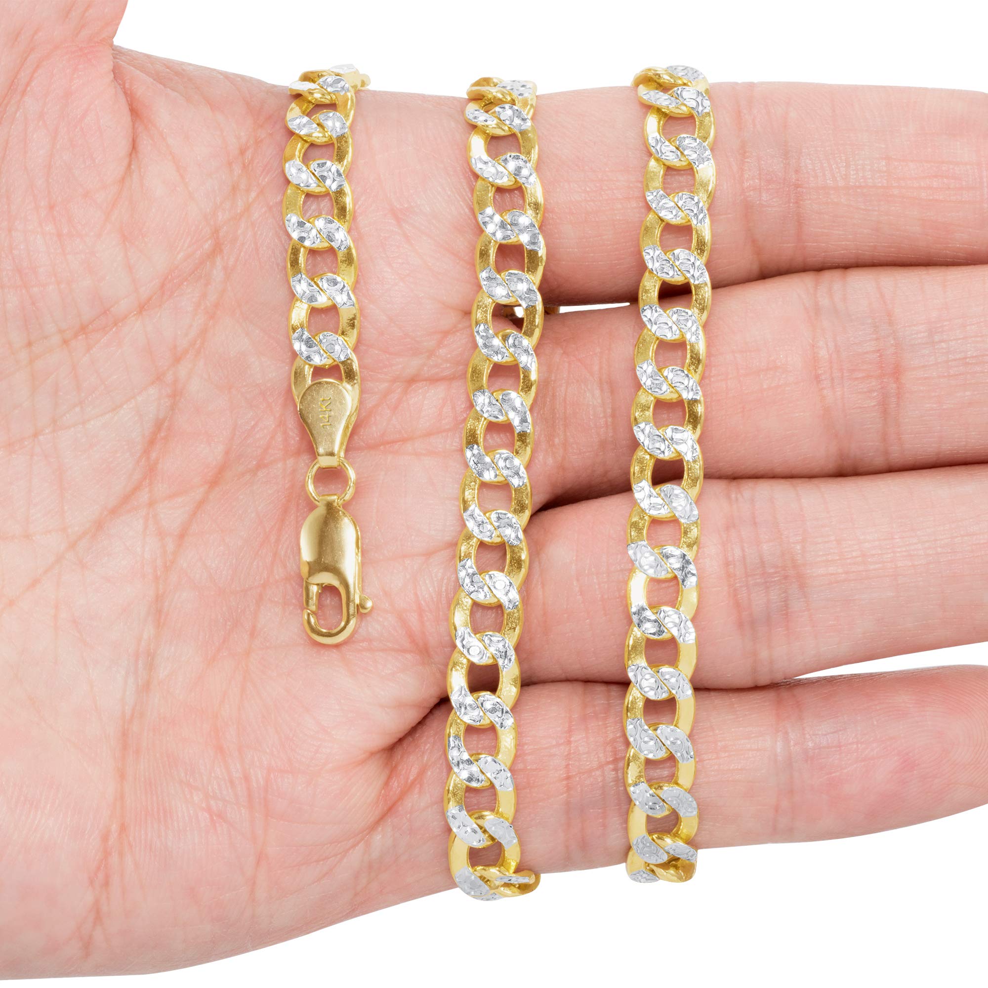 Nuragold 14k Yellow Gold 7mm Cuban Chain Curb Link Diamond Cut Pave Two Tone Bracelet, Mens Womens Jewelry 7" 7.5" 8" 8.5" 9"