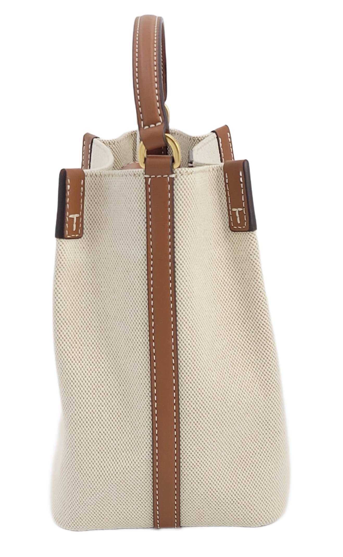 Tory Burch 86843 Blake Natural Khaki/Brown Leather With Gold Hardware Canvas Women's Bucket Bag