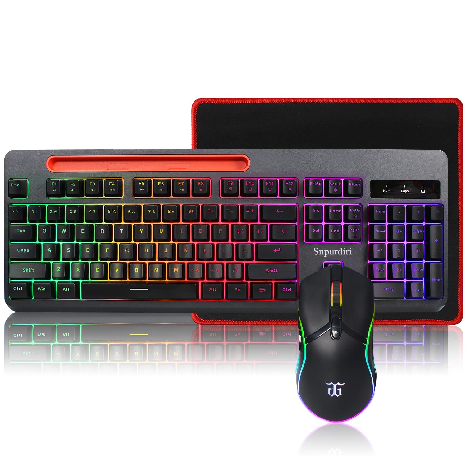 Wireless Gaming Keyboard and Mouse Combo, Snpurdiri Rainbow Backlit Mechanical Feeling Rechargeable Full Size Anti-ghosting Keyboard with Tablet/Phone Bracket, Long Battery Life for PC Gamer