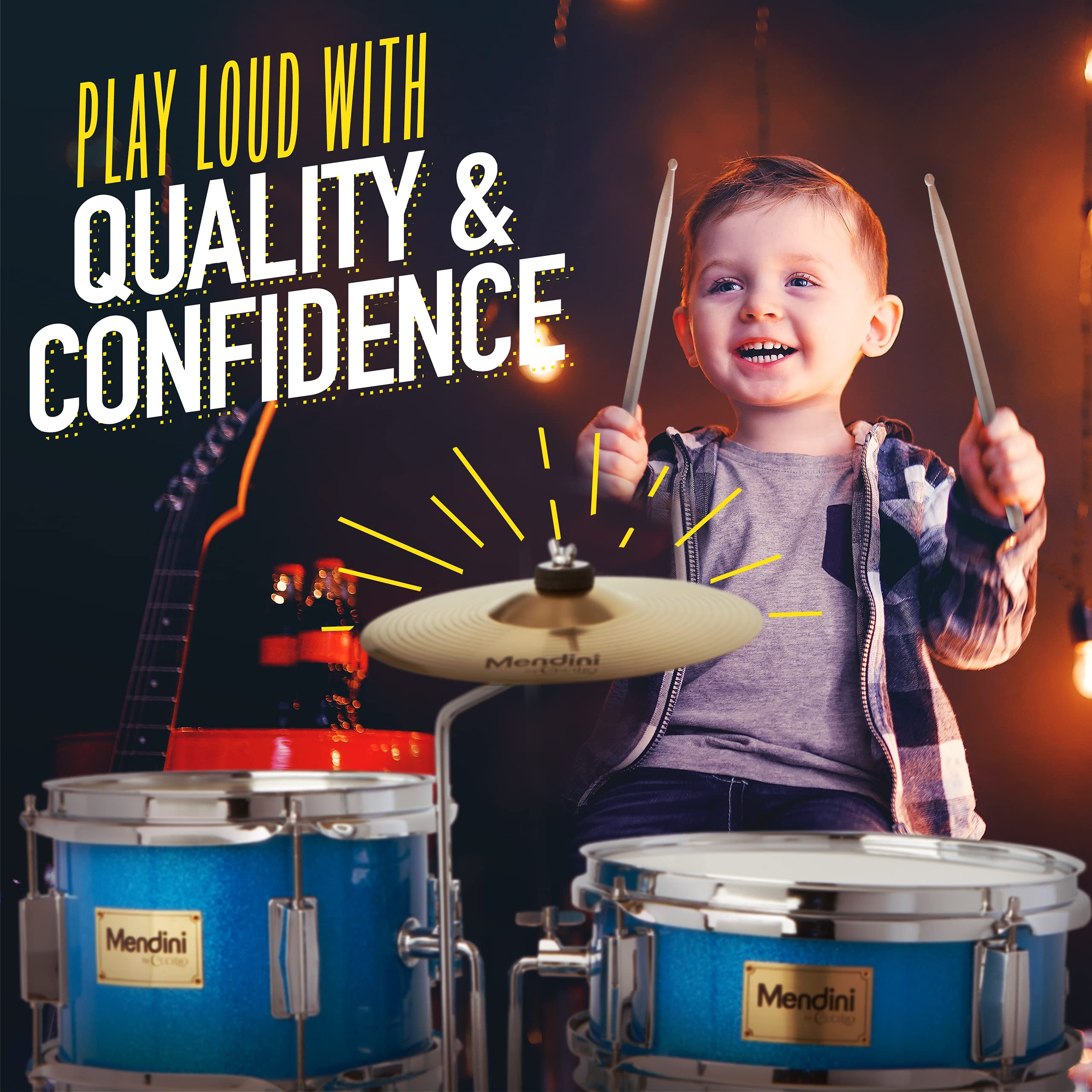 Mendini by Cecilio 13 inch 3-Piece Kids/Junior Drum Set with Throne, Cymbal, Pedal & Drumsticks, Metallic Black, MJDS-1-BK