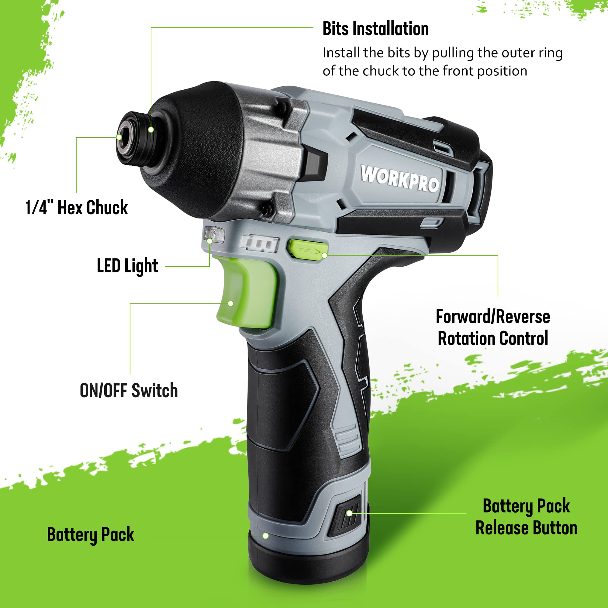 WORKPRO Cordless Impact Driver Kit, 1/4β Hex Electric Impact Drill/Driver Set with 12V 2.0Ah Lithium-ion Battery, 1 Hour Fast Charge, Variable Speed, 14pc Driver Bits and Tool Bag Included