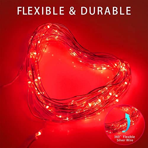 YAOZHOU Red Solar Christmas String Lights Outdoor Waterproof Decorations 100 LED(2 Pack) 8 Modes Copper String Lights Fairy Lights for Valentine's Day, Garden, Patio, Fence, Balcony