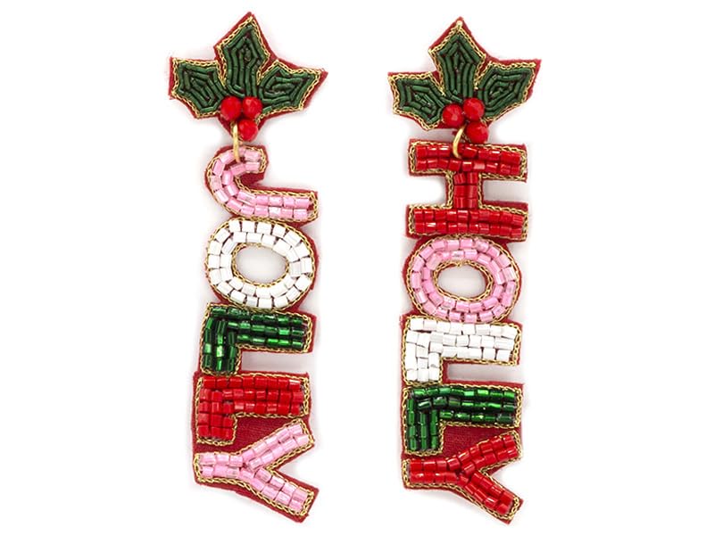 Miracle Collection Beaded Embellish Fun Christmas Tree, Candy Cane, Ho Ho Ho, Holy Jolly, Merry Bright Earrings for Christmas and Holidays (Holly Jolly)