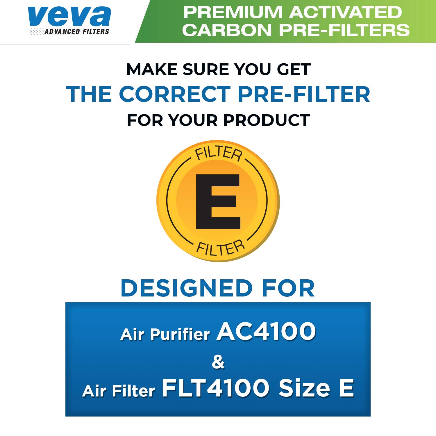 VEVA Premium 2 HEPA Filters and 6 Pack of Pre-Filters compatible with Air Purifier Models AC4100/AC4150BLCA and Replacement FLT4100 Filter E