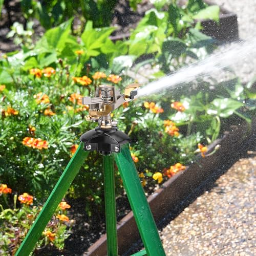 Tripod Sprinklers for Yard, Yumatum Lawn Sprinkler with 360 Degree Large Area Irrigation, Heavy Duty Adjustable Height from 16β-37β, 3/4 Inch Connector Sprinkler for Lawn/Yard/Garden, 1 Pack