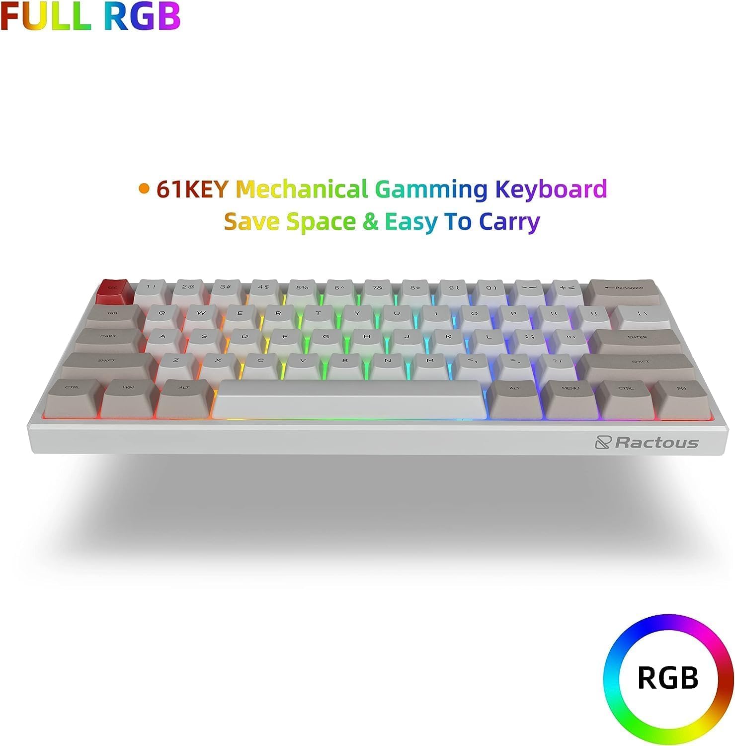 Ractous RTK63B 60% Wireless Mechanical Gaming Keyboard,RGB Blacklit PBT keycaps Type-C 63keys Bluetooth5.1/Wireless/Wried Gaming Keyboard for PC/Mac Gamers,Hot-Swap Optical Red Switch-Black