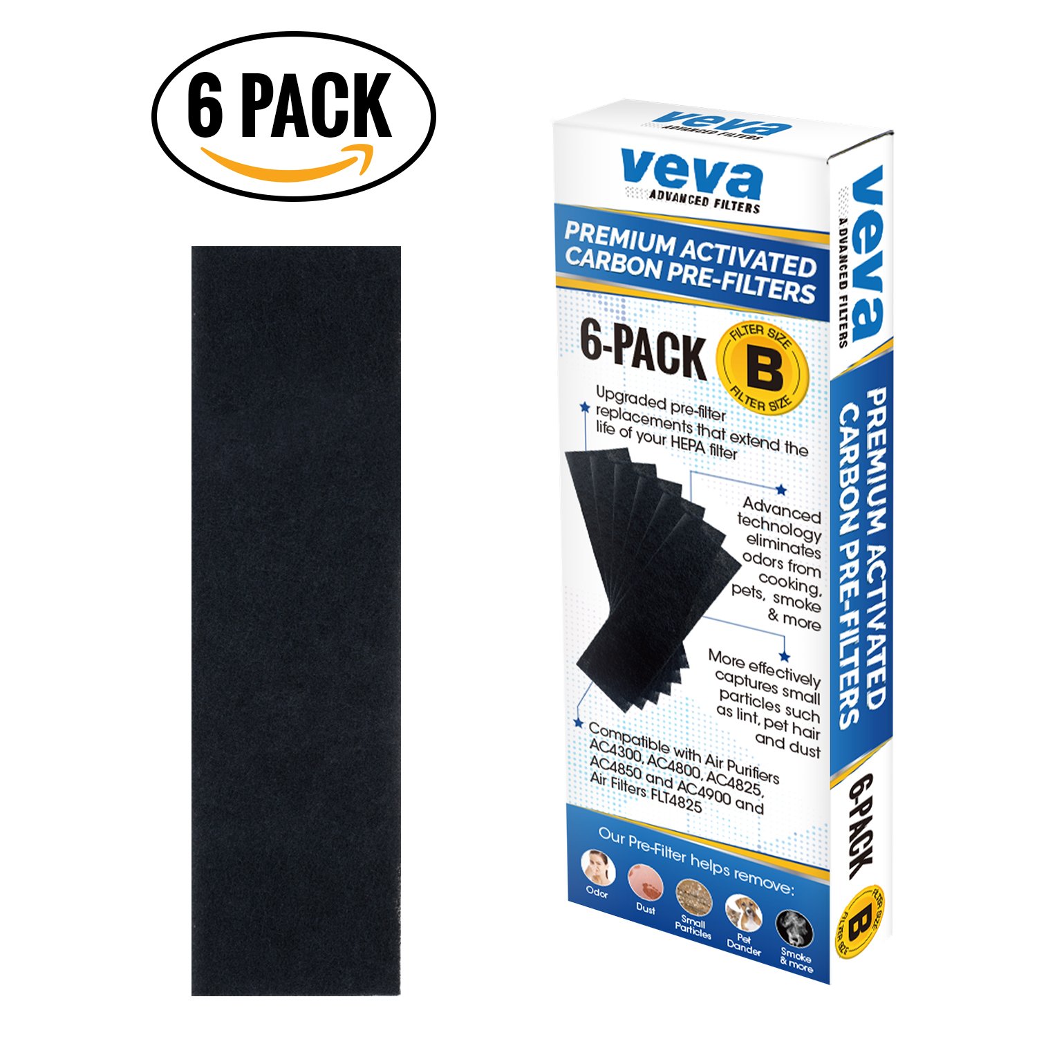 VEVA Replacement Pre Filter 6 Pack compatible with Germ Guardian Air Purifier Models AC4800 Series (AC4825, AC4825e) and Filter B FLT4825, Premium Carbon Activated