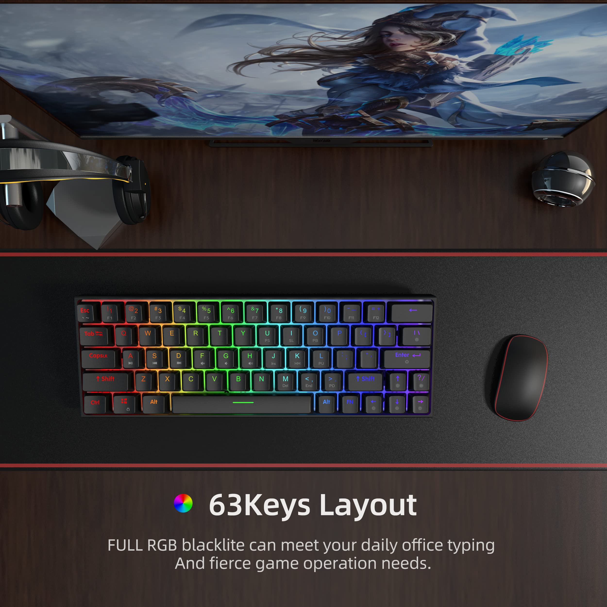 Ractous RTK63P 60% Mechanical Gaming Keyboard RGB Backlit PBT keycaps 63key Ultra-Compact Wired Keyboard Programmable for PC/Mac Gamers,Hot-Swappable Optical Red Switch (Black)