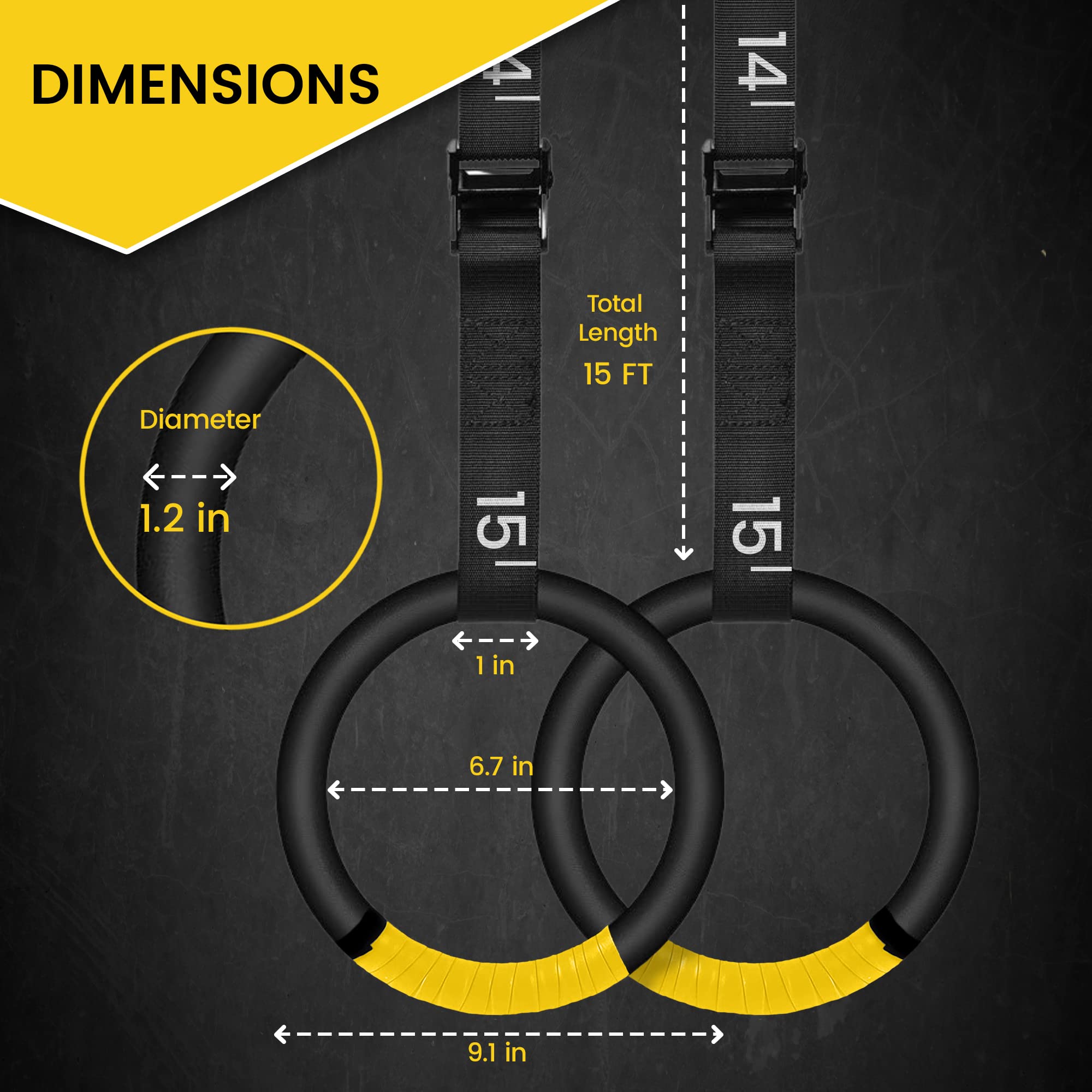 Workout Rings with Adjustable Straps - 15 Feet Long Can Hold Upto 661 Pounds/300 KG - Ideal for Training - Non Slip Tape Grip (Set of 2)