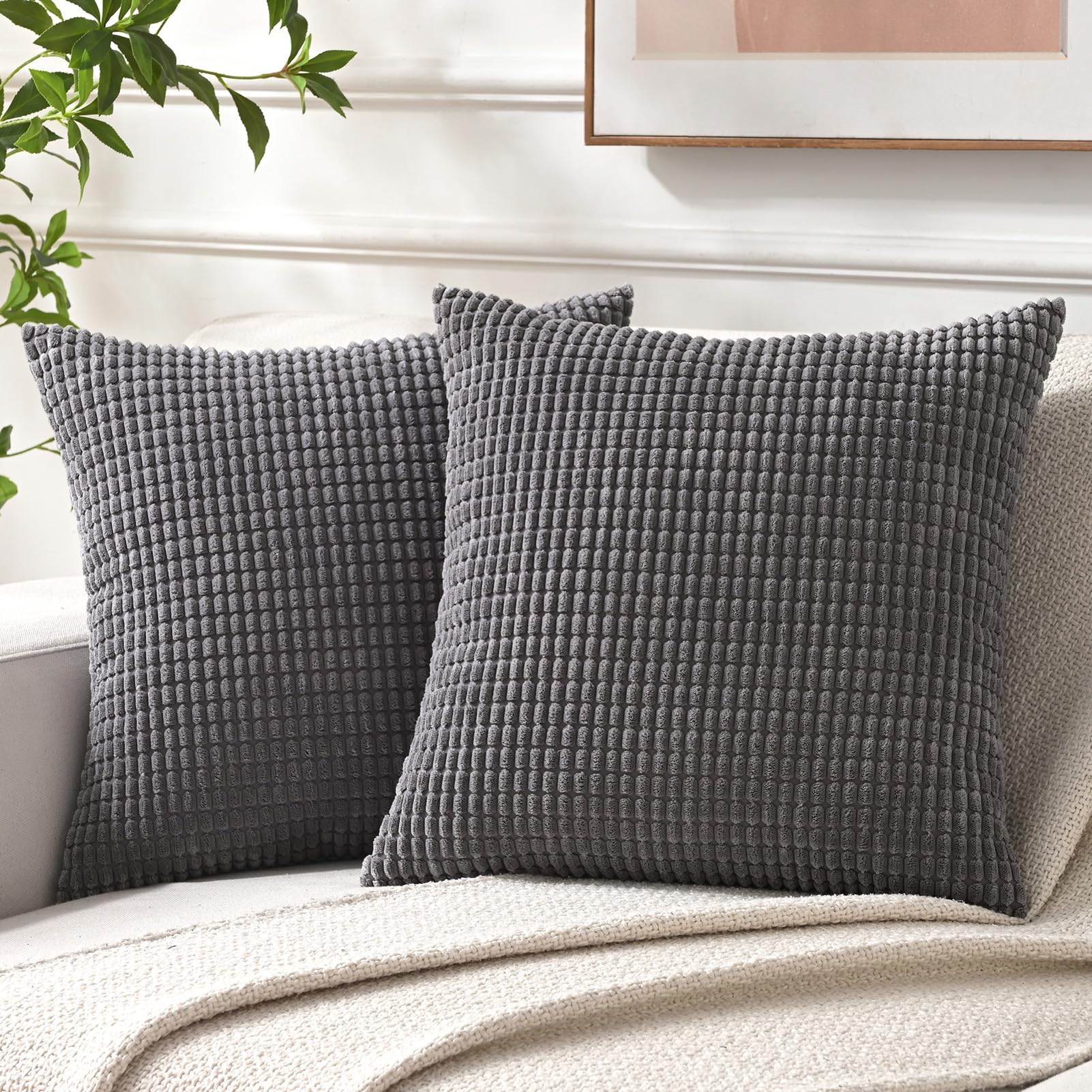 NAVIBULE Corduroy Throw Pillow Covers 18x18 Soft Decorative Pillow Covers Plain Dark Gray Throw Pillows for Couch Bed Sofa Pack of 2(18 x 18IN, Dark Gray)