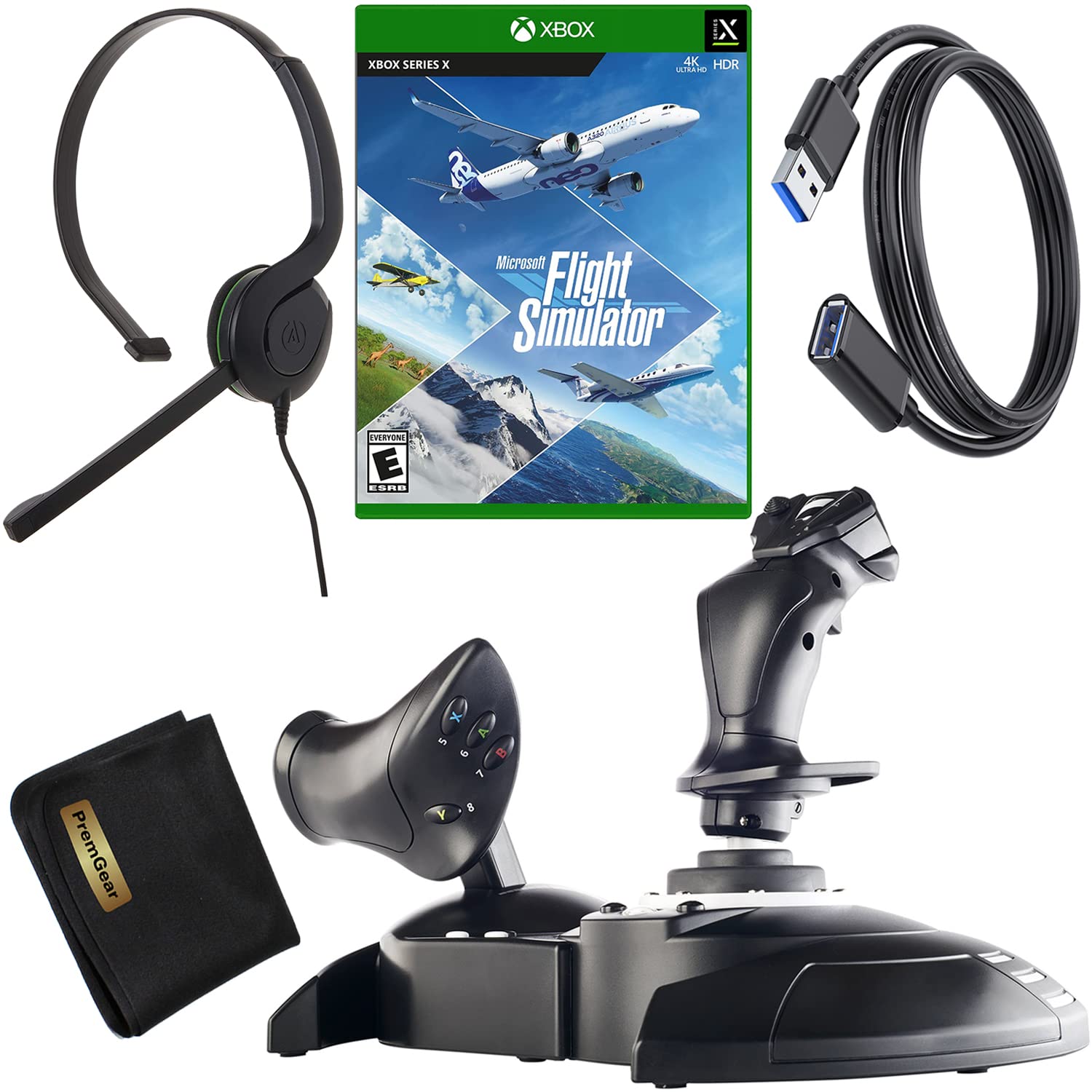 THRUSTMASTER T-Flight Hotas One Flight Simulator Controls for XBOX, Bundle with Microsoft Flight Simulator, PowerA Chat Headset, USB Extension cable & PremGear Cloth