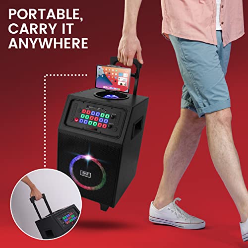 Pyle Portable Karaoke PA Speaker System - 600W 8” Rechargeable BT Speaker, TWS, Party Lights, LED Display, FM/AUX/MP3/USB/SD, Wheels - Wireless Mic, Remote Control, Tablet Holder Included - PHP18DJT