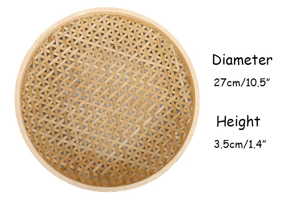 TimesFriend 100% Handwoven Flat Wicker Round Fruit Basket Woven Food Storage Weaved Shallow Tray Organizer Holder Bowl Decorative Rack Display Kids DIY Drawing Board (27cm/10.5")