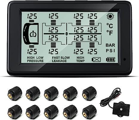 MIRAIDON RV Tire Pressure Monitoring System, Trailer TPMS with 10 Theft Sensors, 6 Alert Modes, Solar Power Tire Pressure Monitor, 80ft Sensing Distance, Up to 14 Tires, for RV, Trailers, Heavy Trucks
