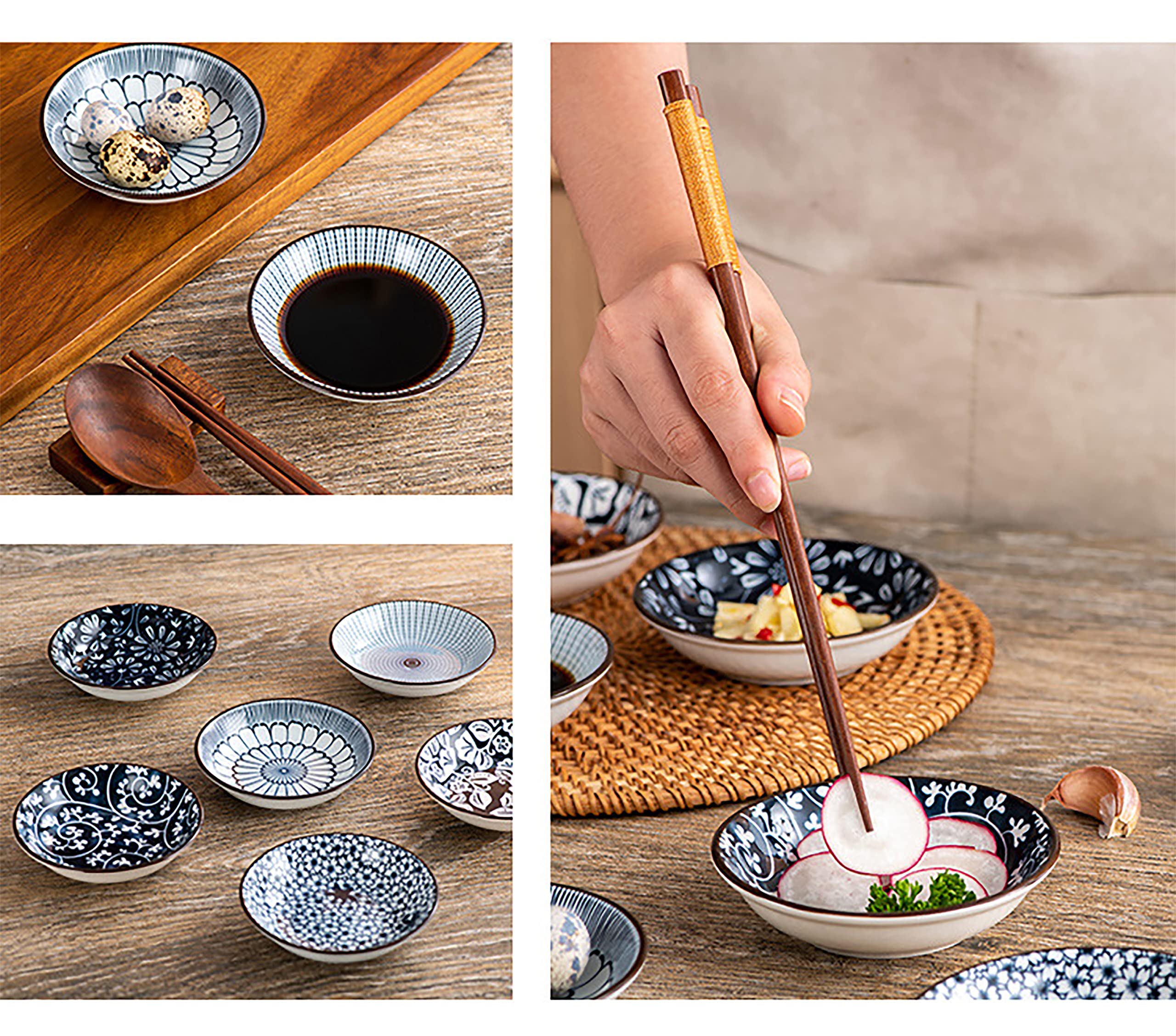 SYJAN HOME Ceramic Dipping Bowls,4 Inch Soy Sauce dish,Pinch Bowls Set of 6,Side Dishes for Snack,Sushi,Sauce,3 Oz Japanese Style Small Bowls for Side Dishes,Kitchen Prep,Vintage Blue
