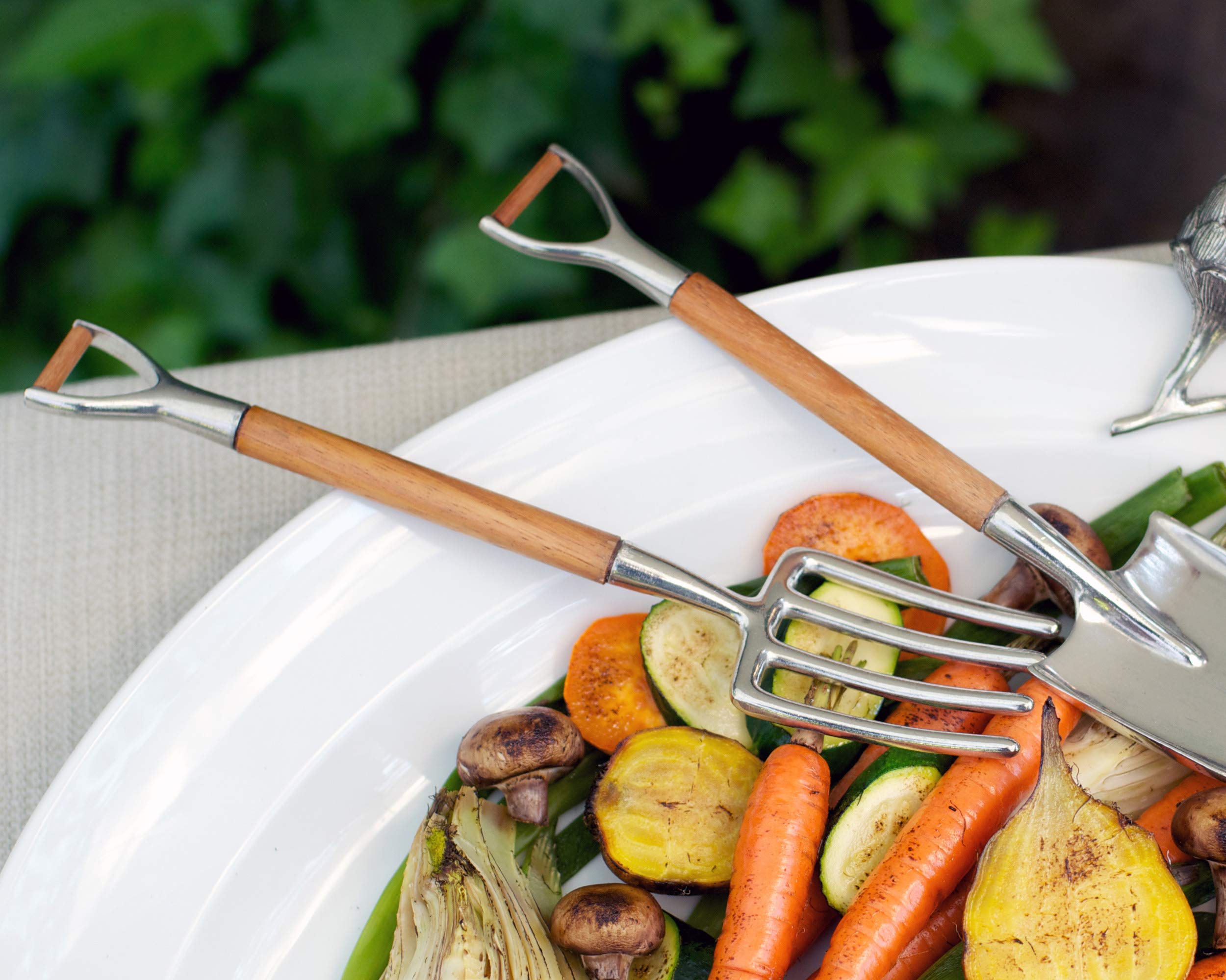 Vagabond House Pewter Metal Fork & Shovel Head with Acacia Wood Salad Serving Set Garden Set Serving Tools 11 inch Long