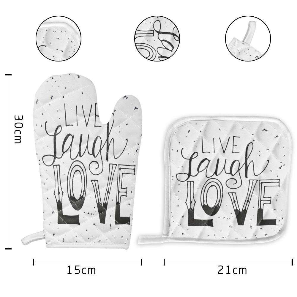 Set of Oven Mitt and Pot Holder Live Laugh Love Quote Oven Gloves Heat Resistance Non-Slip Surface for Kitchen BBQ Cooking Baking Grilling,Black White
