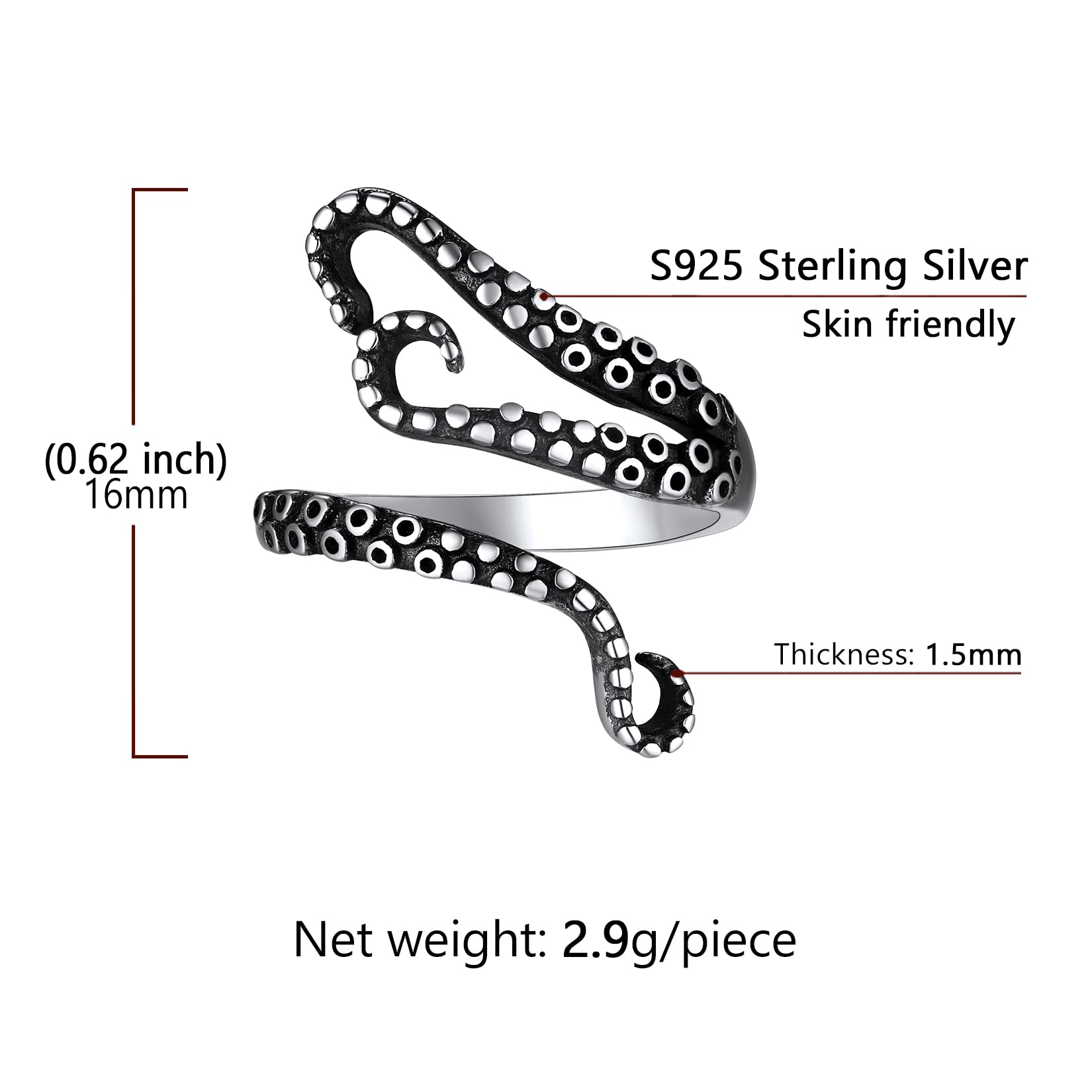 SILVERCUTE Silver Octopus Ring Personalized Punk Tentacle Band Statement Animal Ring Kraken Ring Pirate Rings for Men Women