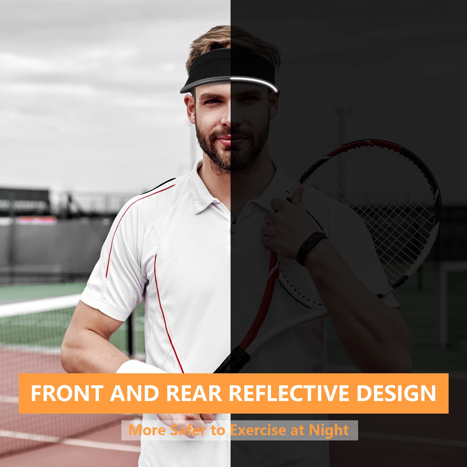 Sport Visor for Men,UV Protection Cap,Lightweight and Adjustable Summer Hats with Reflective Brim in Running,Tennis, etc Black