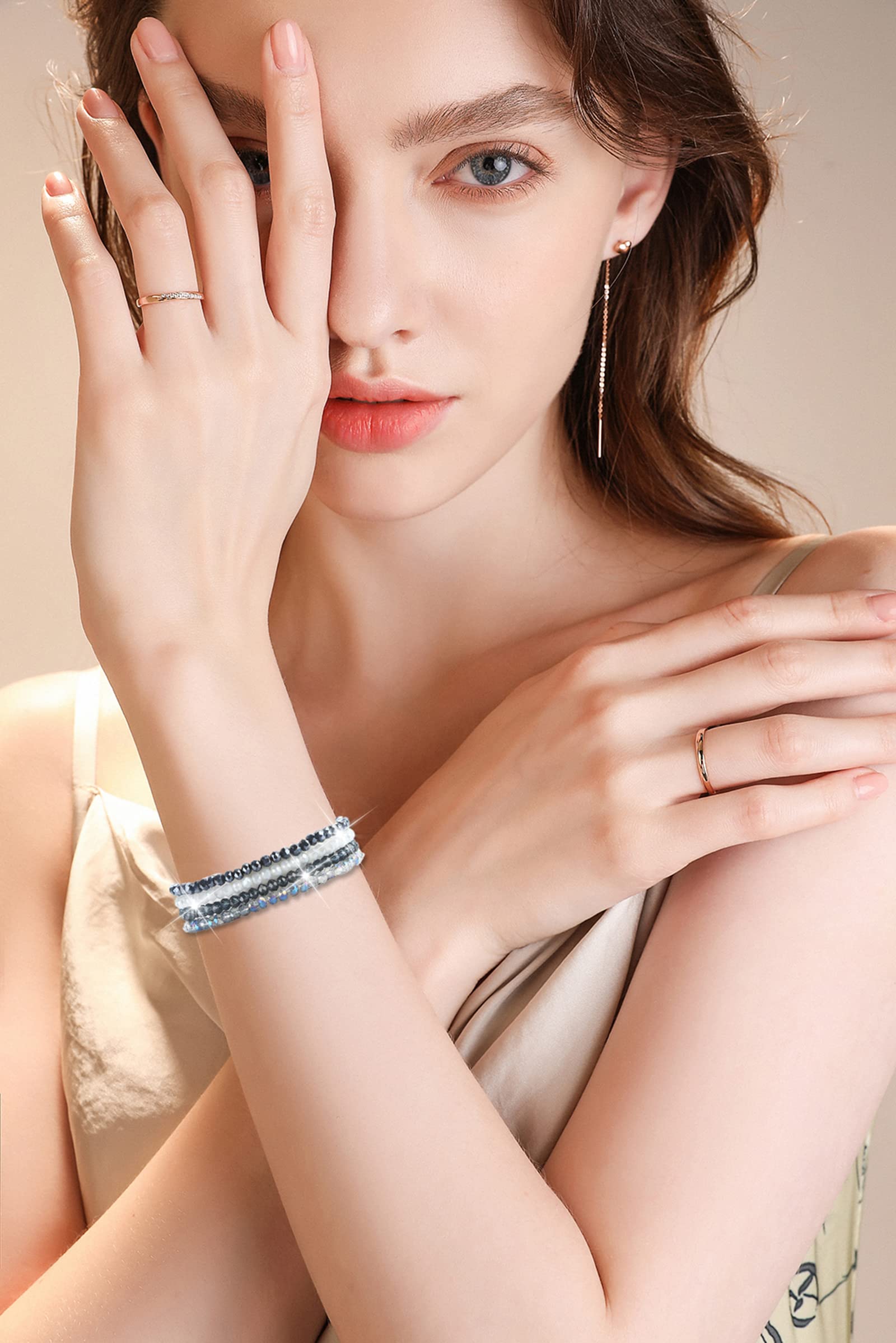 SONNYX 24 PCS Bohemian Multi-Layer Crystal Beaded Stacking Bracelet For Women Versatile Stretch Strand Statement Wrap Stackable Shiny Crystal Bead Bracelets Pack