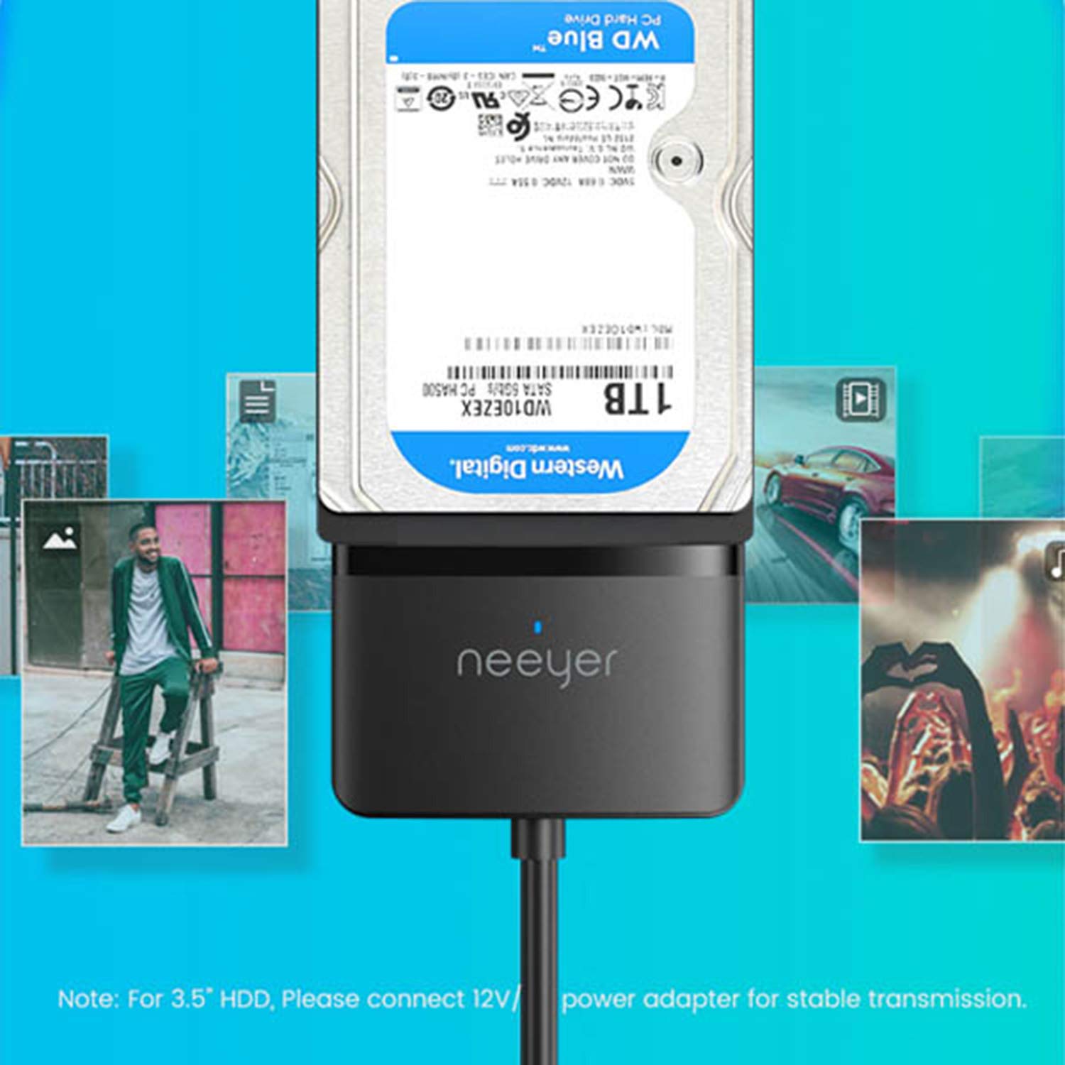 Neeyer SATA to USB 3.0, SATA III Hard Drive Adapter Cable for 3.5/2.5 Inch HDD/SSD with 12V/2A Power Adapter, 20 Inch…