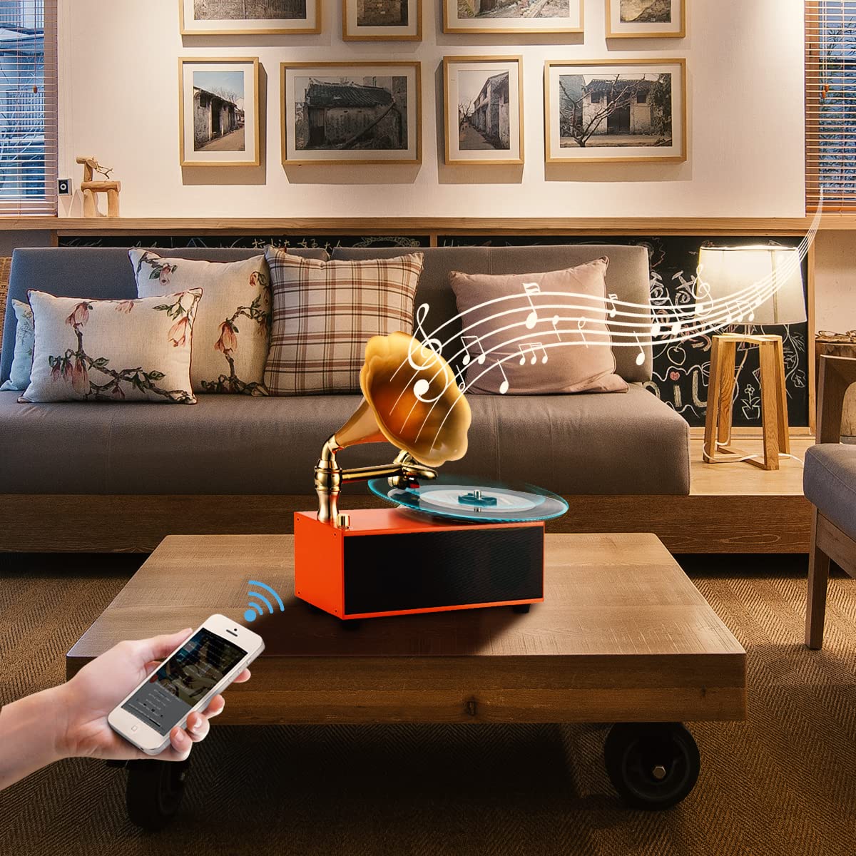 Mini Vinyl Record Player with Classic Yet Modern Design, 2 Built-in Stereo Speakers with Bluetooth Function for Entertainment and Home/Office Decoration (Orange)