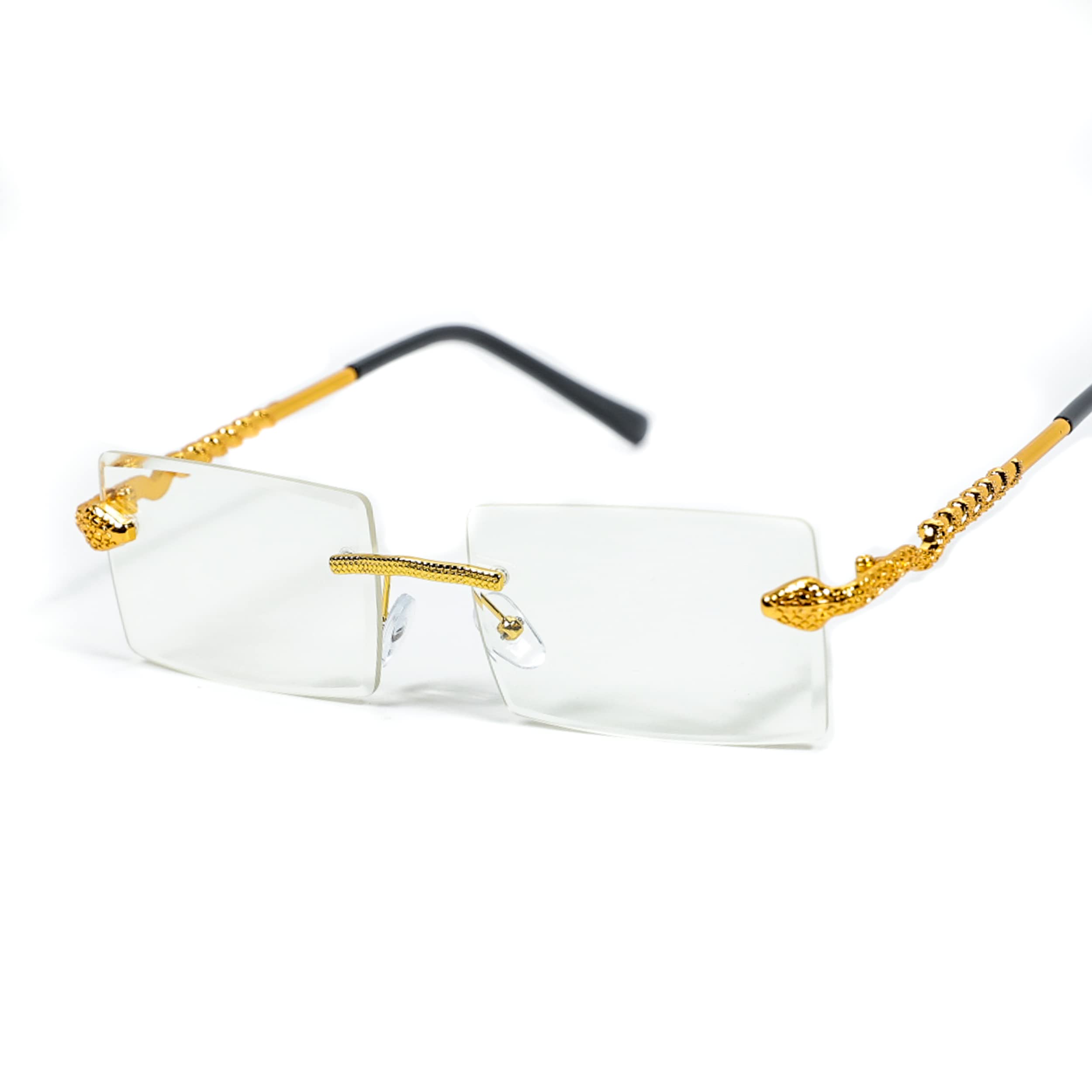 Street Knitted Men's Gold Frame King Snake Rimless Clear Lens Hip Hop Luxury Glasses