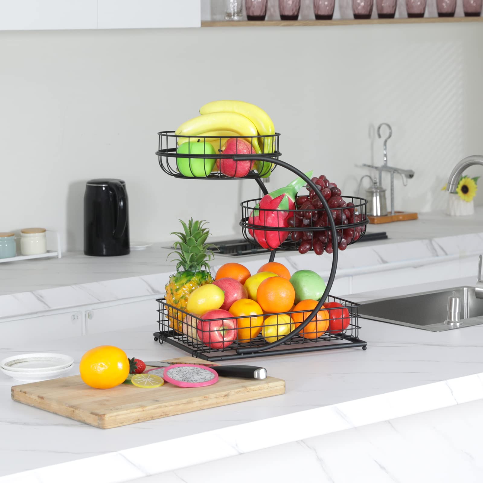 Tiaoheka 3 Tier Fruit Basket for Kitchen, Metal Wire Fruit Bowl for Kitchen Counter, Detachable Fruit Vegetables Storage Basket Holder Stand for Countertop Dining Table(Round and Square, Black)