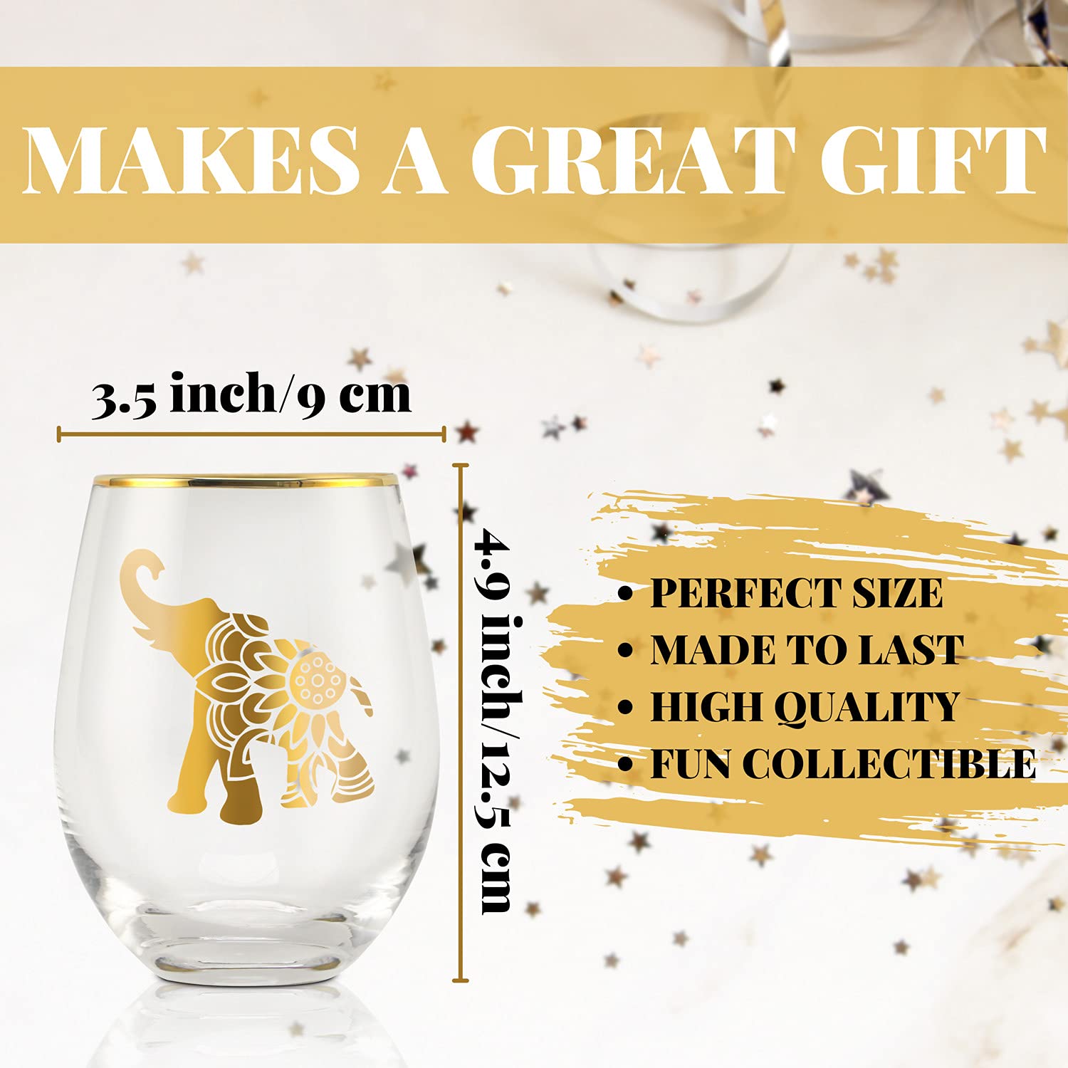 Onebttl Unique Elephant Gifts - Ethnic Mandala Elephant Stemless Wine Glass, Best for Elephant Lovers, Perfect with Red Wine Gin Cocktail Fizzy Drinks - Gold - for Birthday, Celebrations, Housewarming