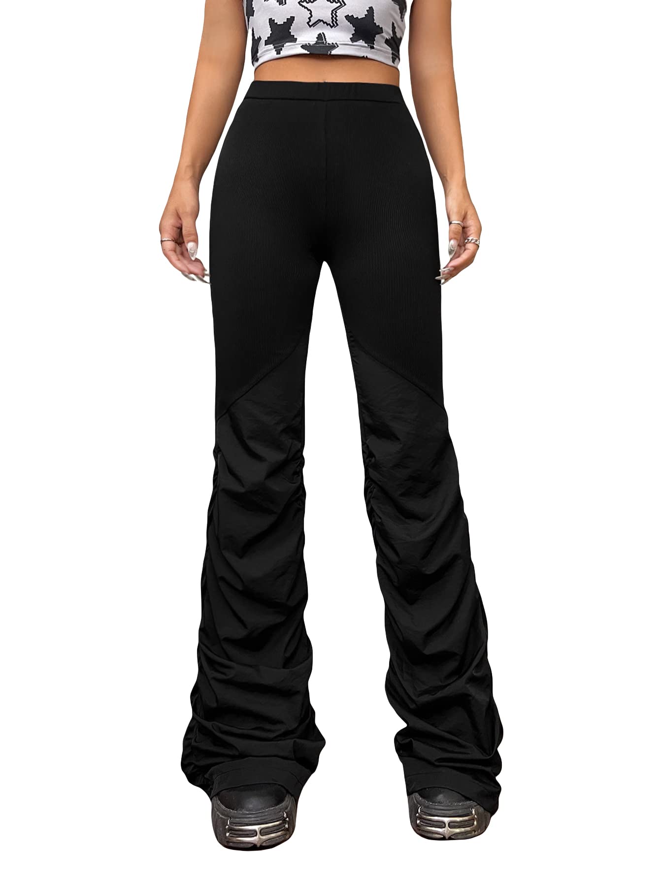 WDIRARA Women's Elastic High Waisted Ruched Flare Leg Bell Bottom Bootcut Yoga Pants Black S