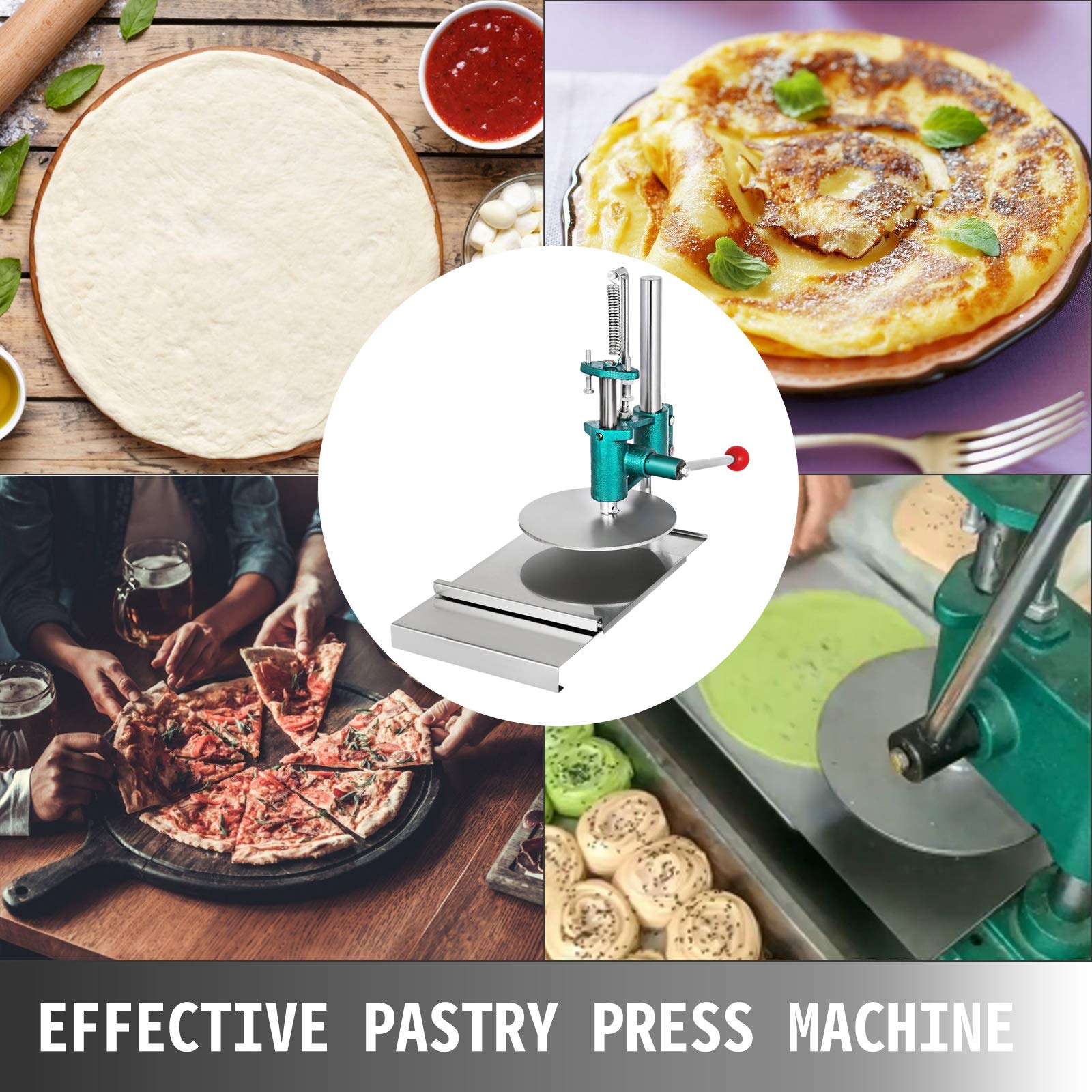 VEVOR Pizza Dough Press Machine, 7.9" Pizza Pastry Press Machine w/Dual Plates, 200mm Stainless-Steel Household Pizza Press w/ 0.2" Thick Disc, Dough Pastry Manual Press Machine w/Cast Iron Base