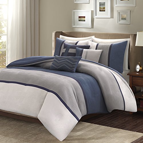 Madison Park Palisades Duvet Cover Full/Queen Size - Navy, Grey, Pieced Stripe Duvet Cover Set β 6 Piece β Micro Suede Light Weight Bed Comforter Covers
