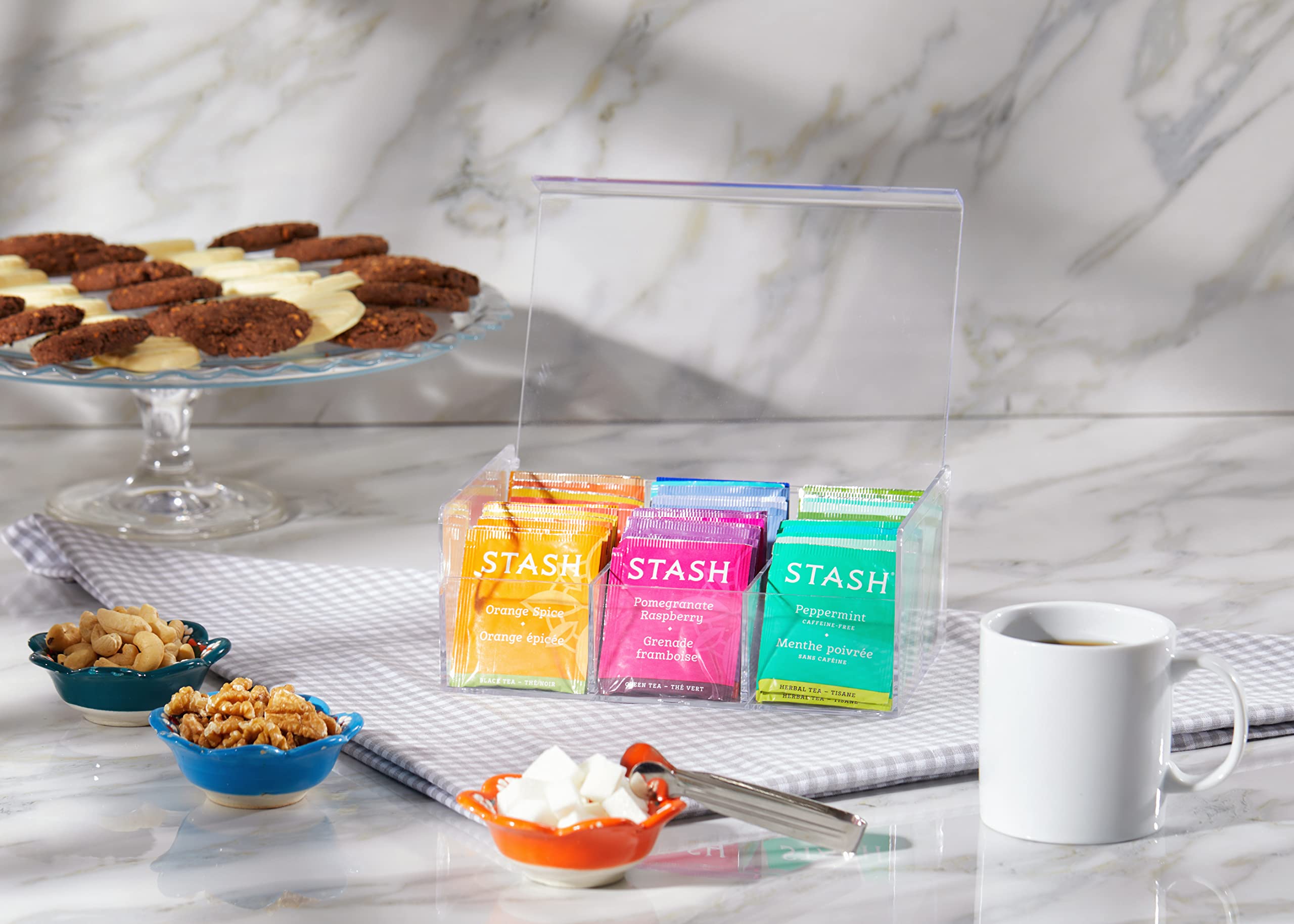 RoyalHouse Acrylic Tea Bag Holder Storage Organizer, 6 Compartment BPA Free Clear Plastic Tea Box with Lid, Multi-Purpose storage Box for Tea Bags, Office Supplies, Crafts, and Small Items.