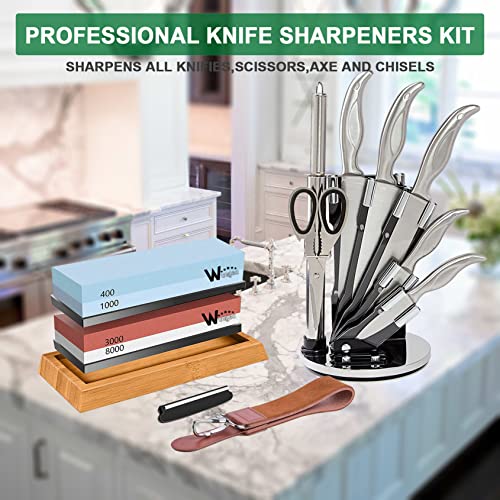 Wucgea Knife Sharpening Stone Kit - 400/1000 3000/8000 Grit Japanese Whetstone Sharpener set with Non-slip Rubber Base Angle Guide Flattening stone and Leather Stropā¦
