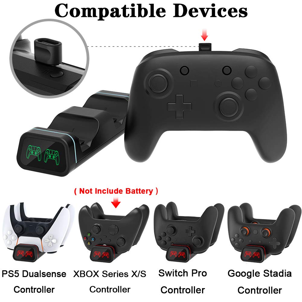 PS5 Controller Charger, Dual Charging Docking Station Stand with 2 Detachable Type C Adapters & LED Indicator Lights for PS5, Xbox Elite2, Xbox Series X/S, Nintendo Switch Pro & Google Controller