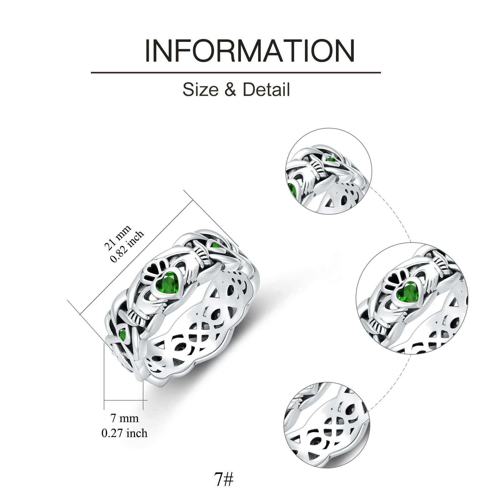 Seiyang Claddagh Ring for Women Sterling Silver Claddagh Birthstone Ring Irish band (Emerald, 7)